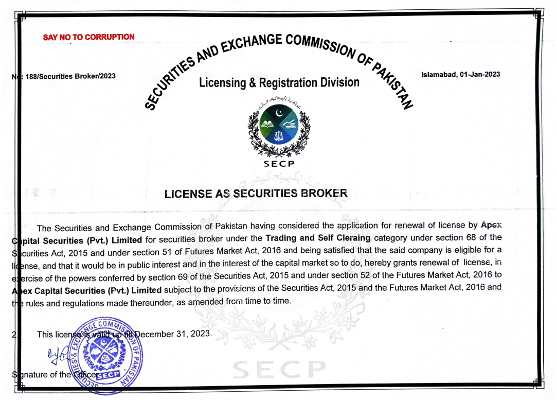 License / Certificate – APEX CAPITAL SECURITIES (PVT) LIMITED