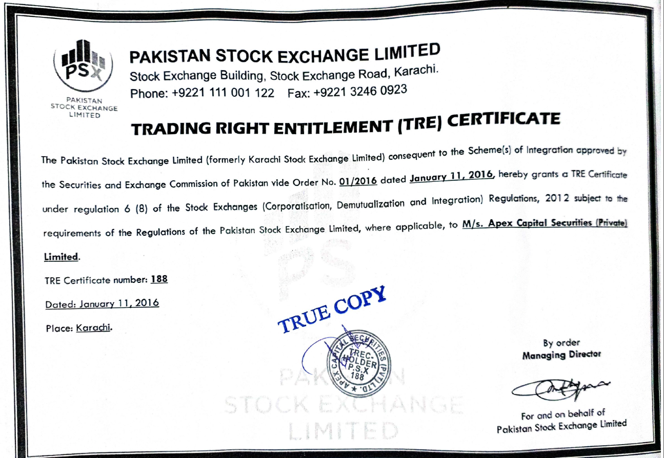 License / Certificate – APEX CAPITAL SECURITIES (PVT) LIMITED